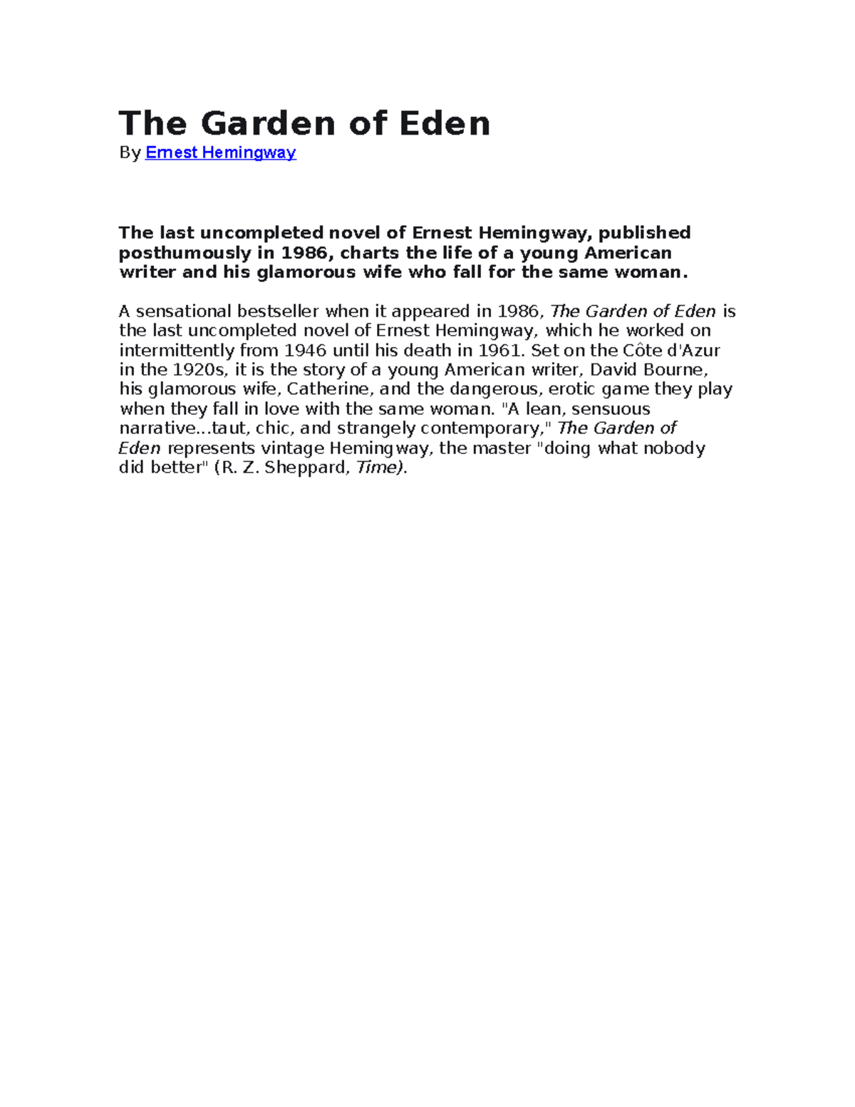The garden of eden - resumen - The Garden of Eden By Ernest Hemingway ...