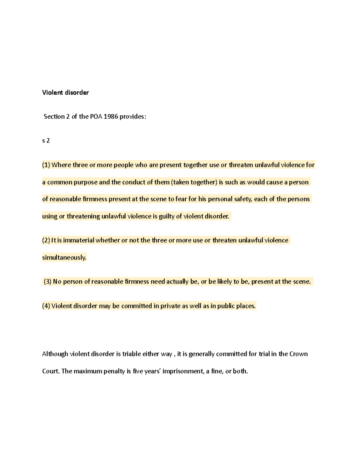 Violent disorder - Criminal Law - Violent disorder Section 2 of the POA ...
