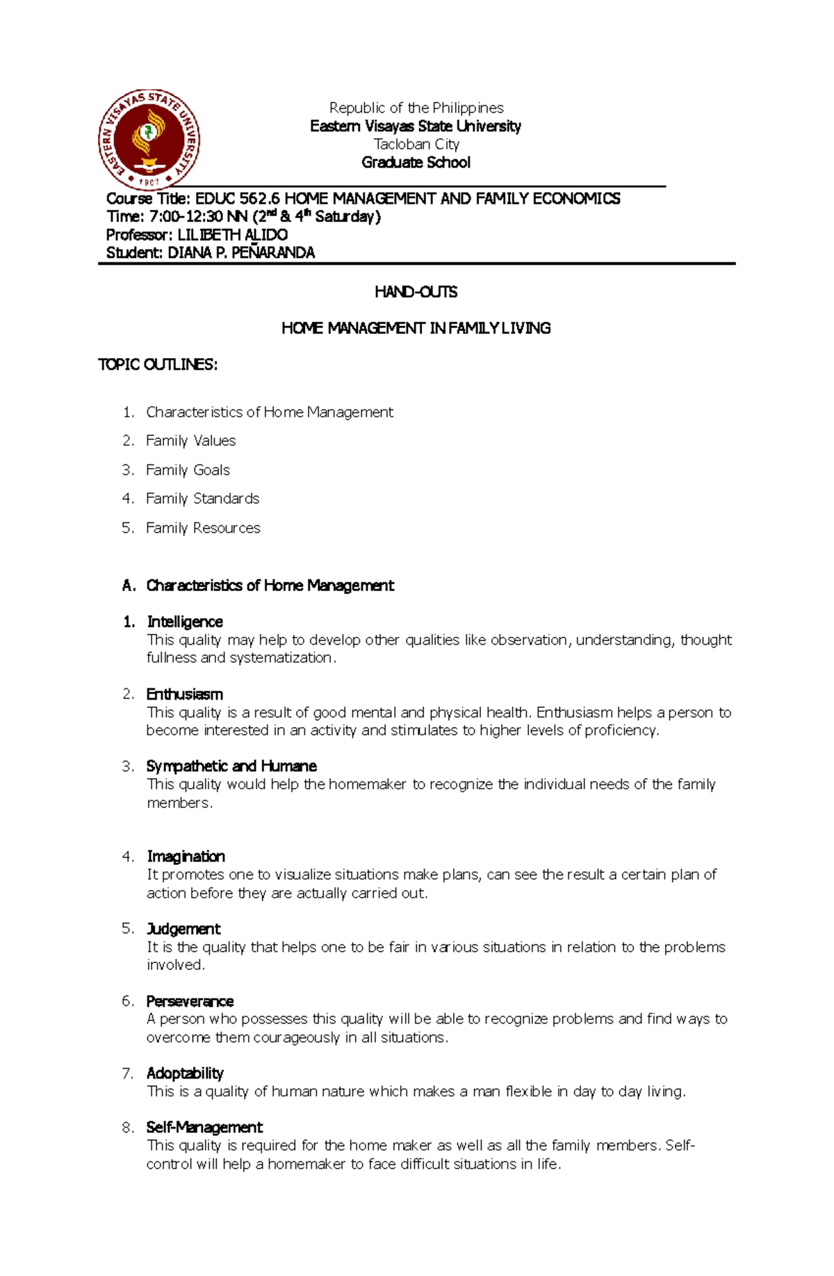 Handouts in Home Management in Family Living - Republic of the ...