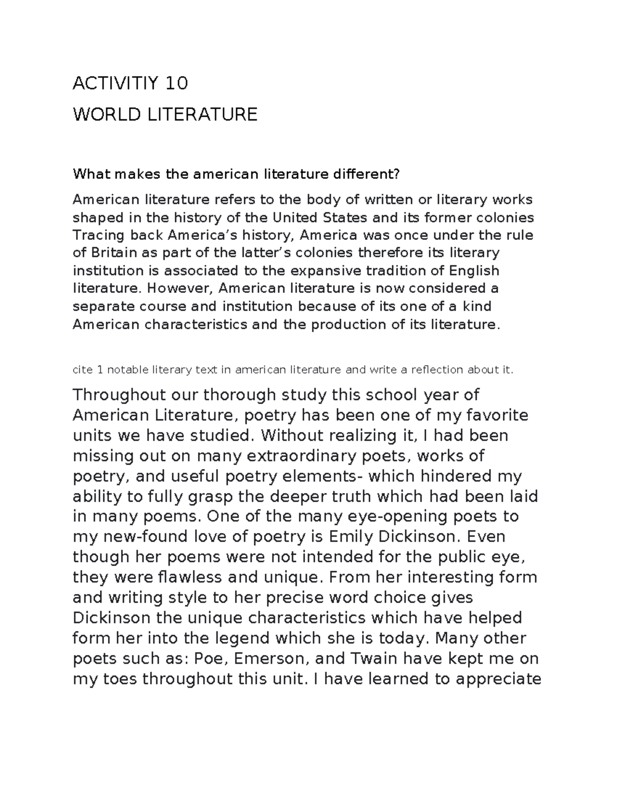 Activitiy 10 World Literature - ACTIVITIY 10 WORLD LITERATURE What ...