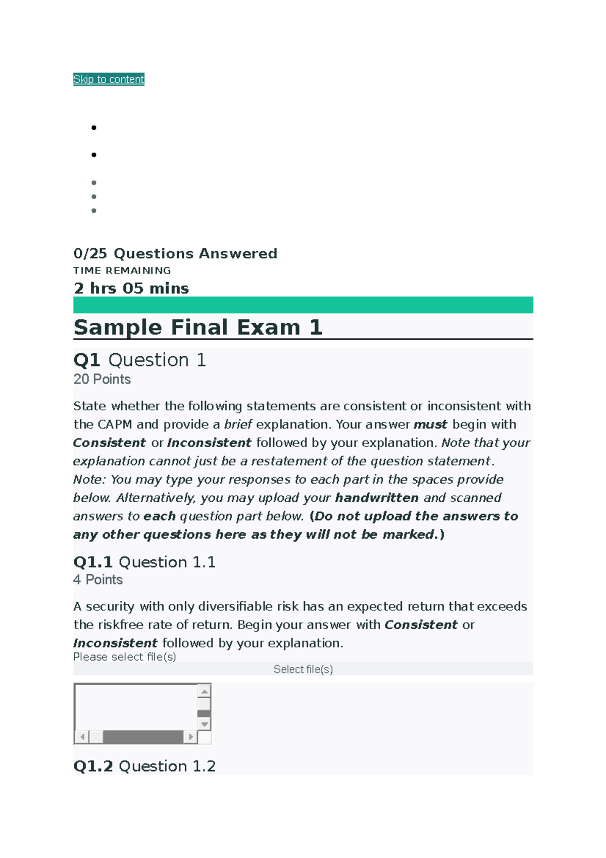 Sample exam finance 1 - Skip to content 0/25 Questions Answered TIME ...