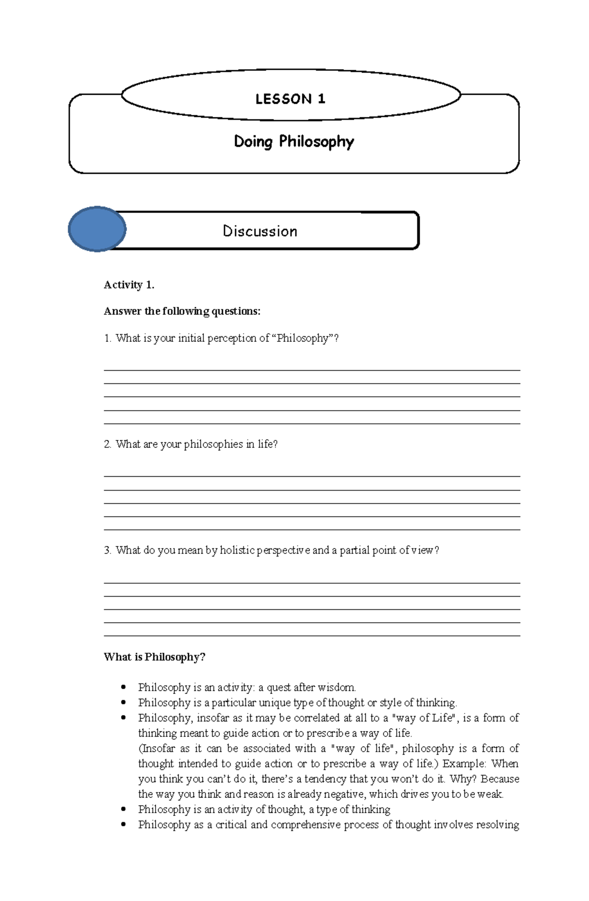 Intro to Philo L1b - Activity 1. Answer the following questions: What ...