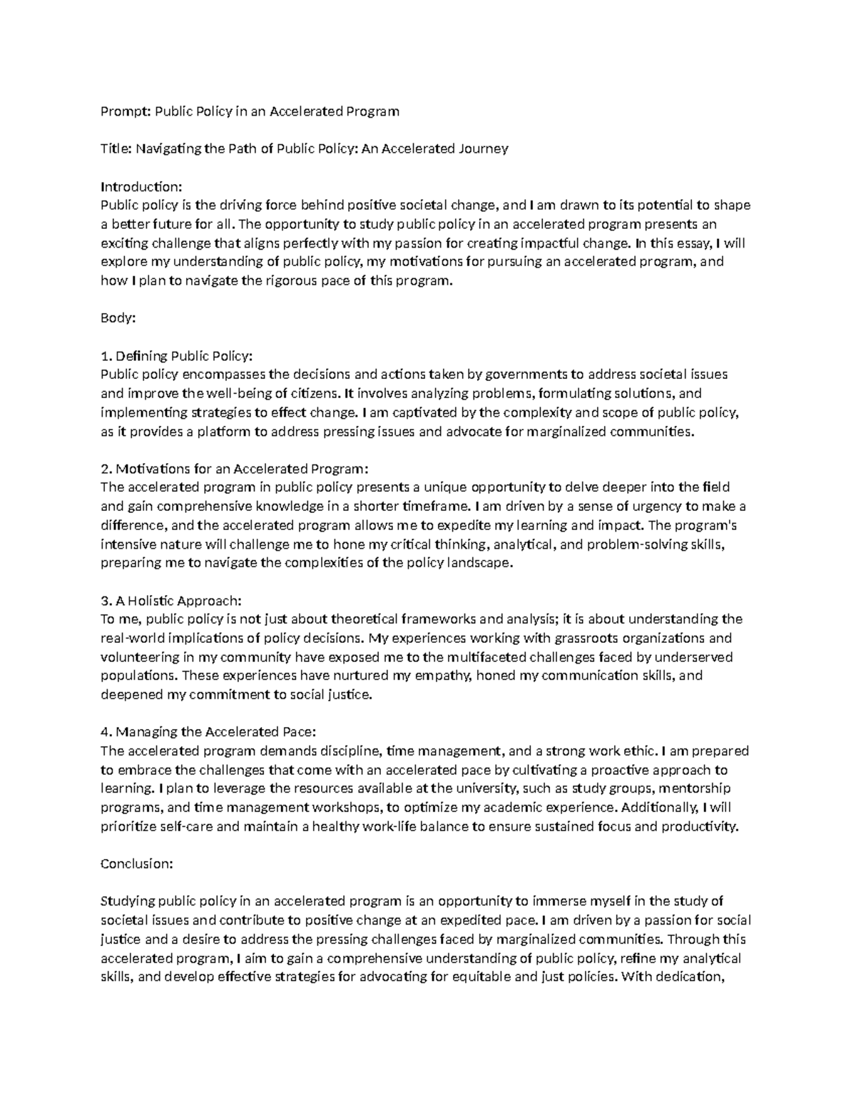 Accelerated program essay - Prompt: Public Policy in an Accelerated ...