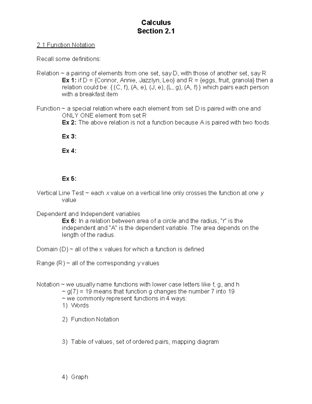 2.1 notes - Calculus Section 2. 2 Function Notation Recall some ...