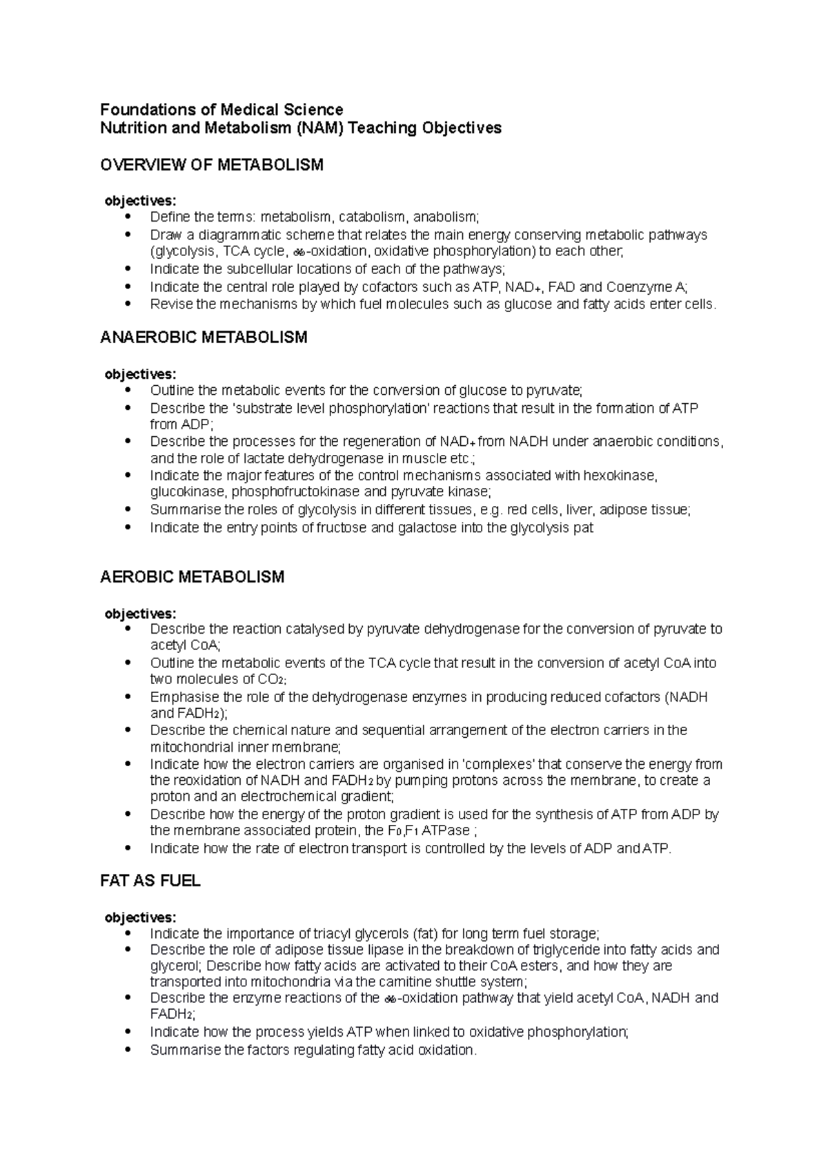 NAM Teaching Objectives - Foundations of Medical Science Nutrition and ...