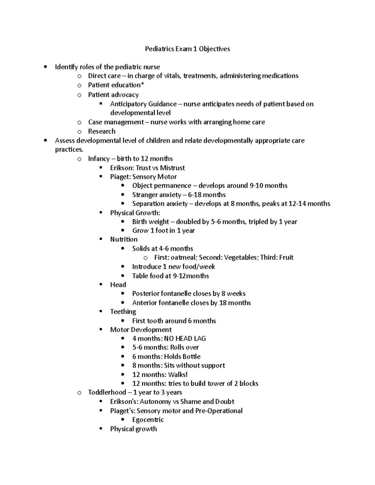 Peds Exam 1 Objectives - Pediatrics Exam 1 Objectives Identify roles of ...