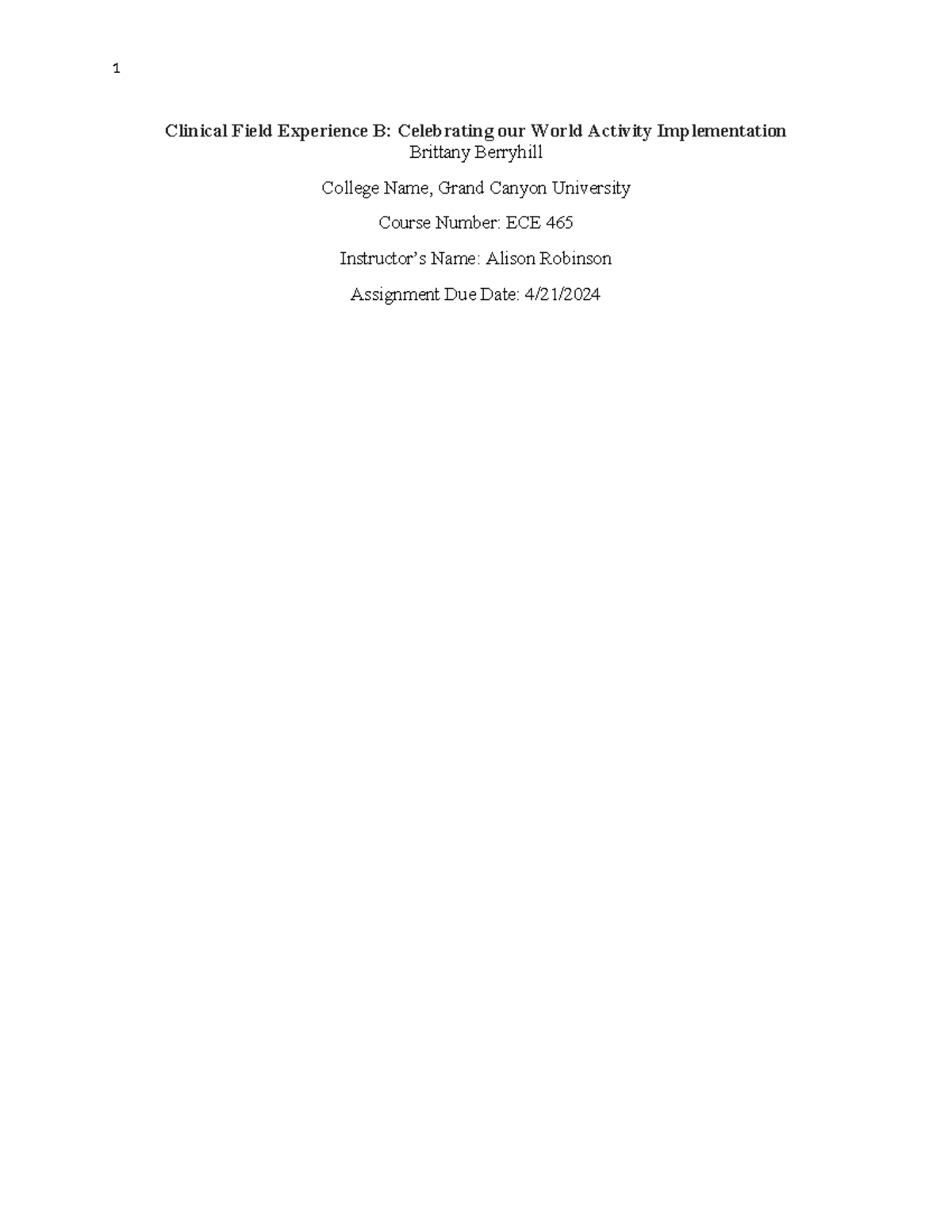 Celebrating our World Activity Implementation - ECE-465 - Studocu