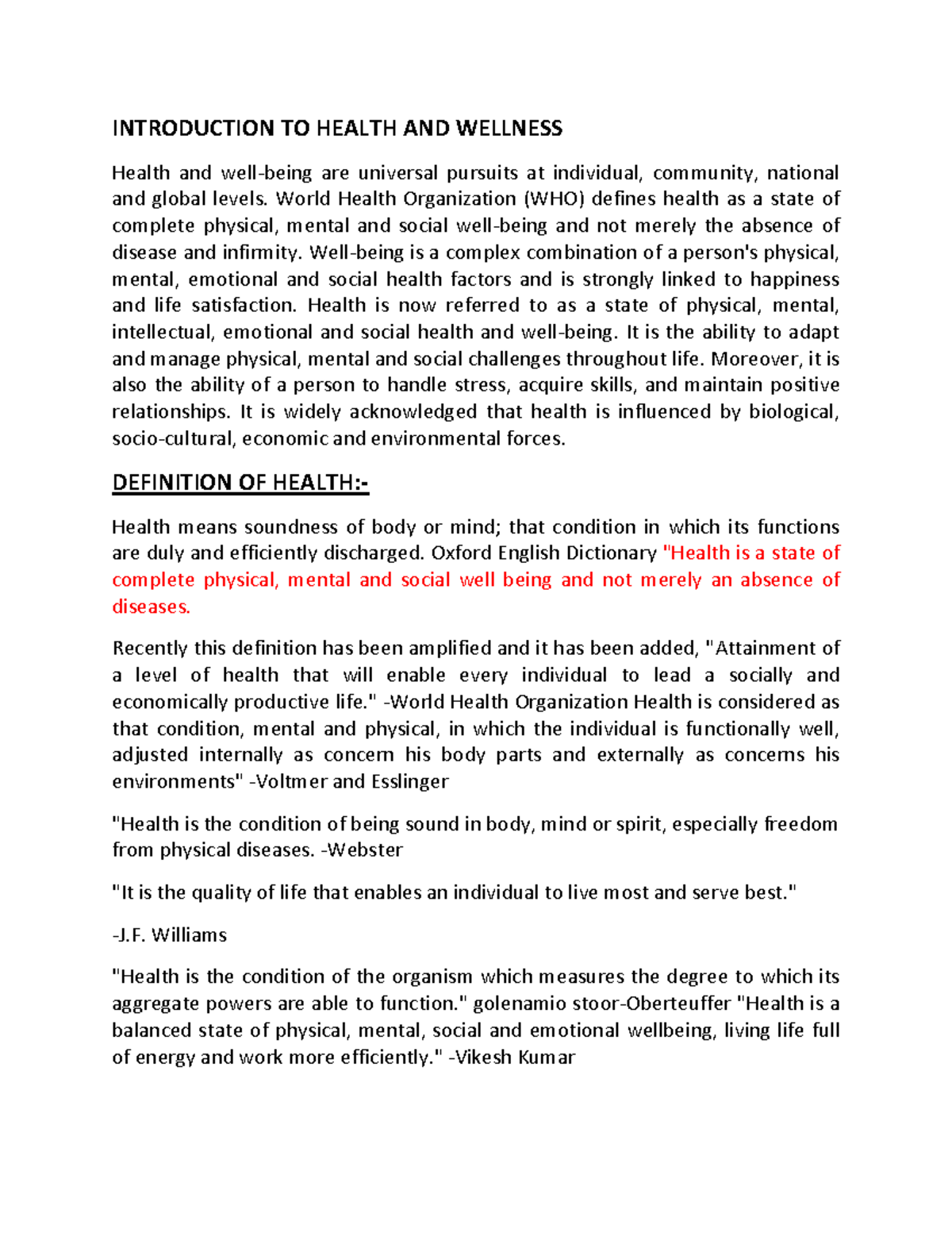 Health and wellnes - INTRODUCTION TO HEALTH AND WELLNESS Health and ...