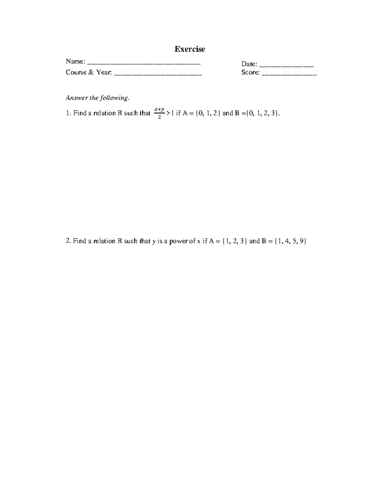 Activity 3 Functions and Relations - Date: _______________ Exercise ...