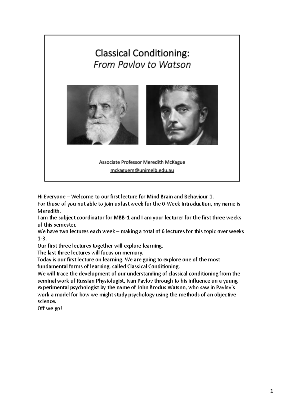 L1 Classical Conditioning 2021 notes - Hi Everyone – Welcome to our ...