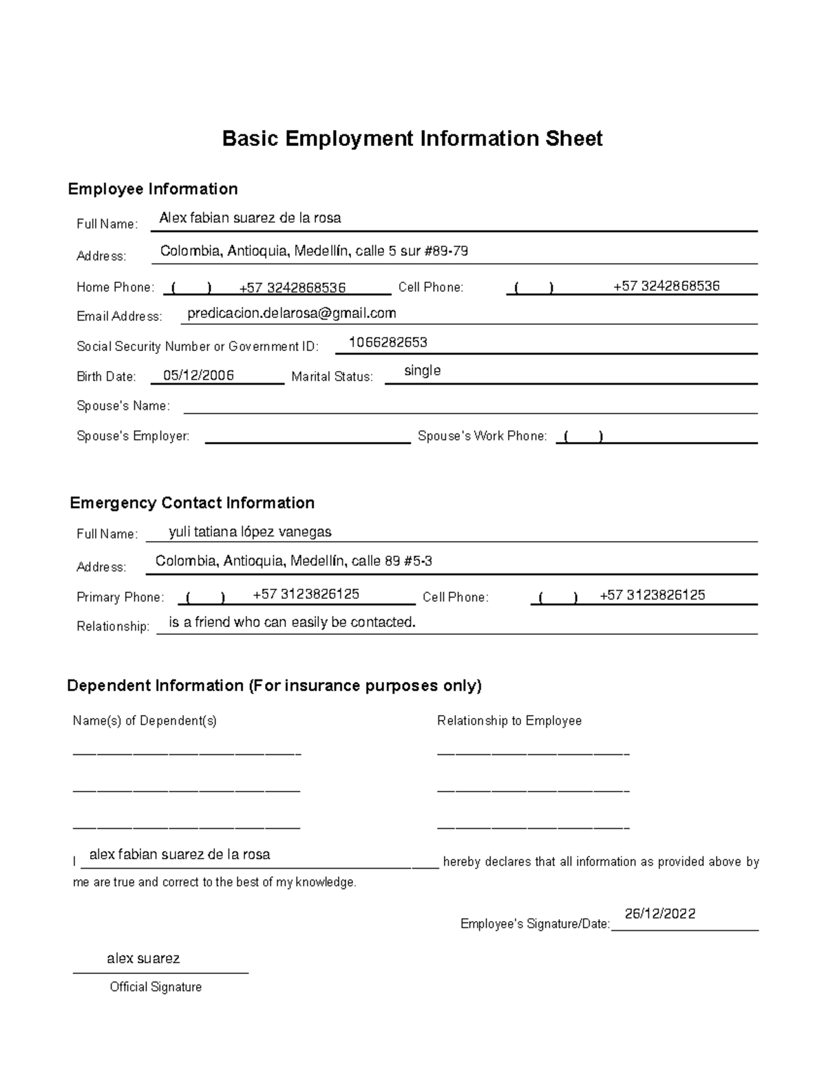 Basic Employment Information Sheet - Basic Employment Information Sheet ...