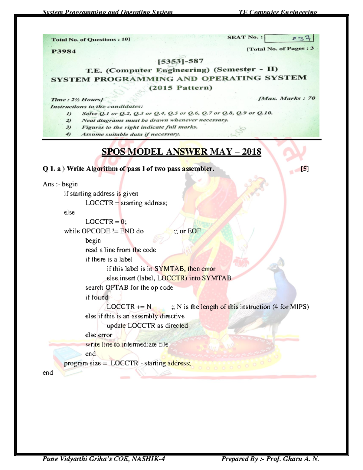 Summarize topics - SPOS MODEL ANSWER MAY – 2018 Q 1. a ) Write Algorithm of pass I of two pass ...