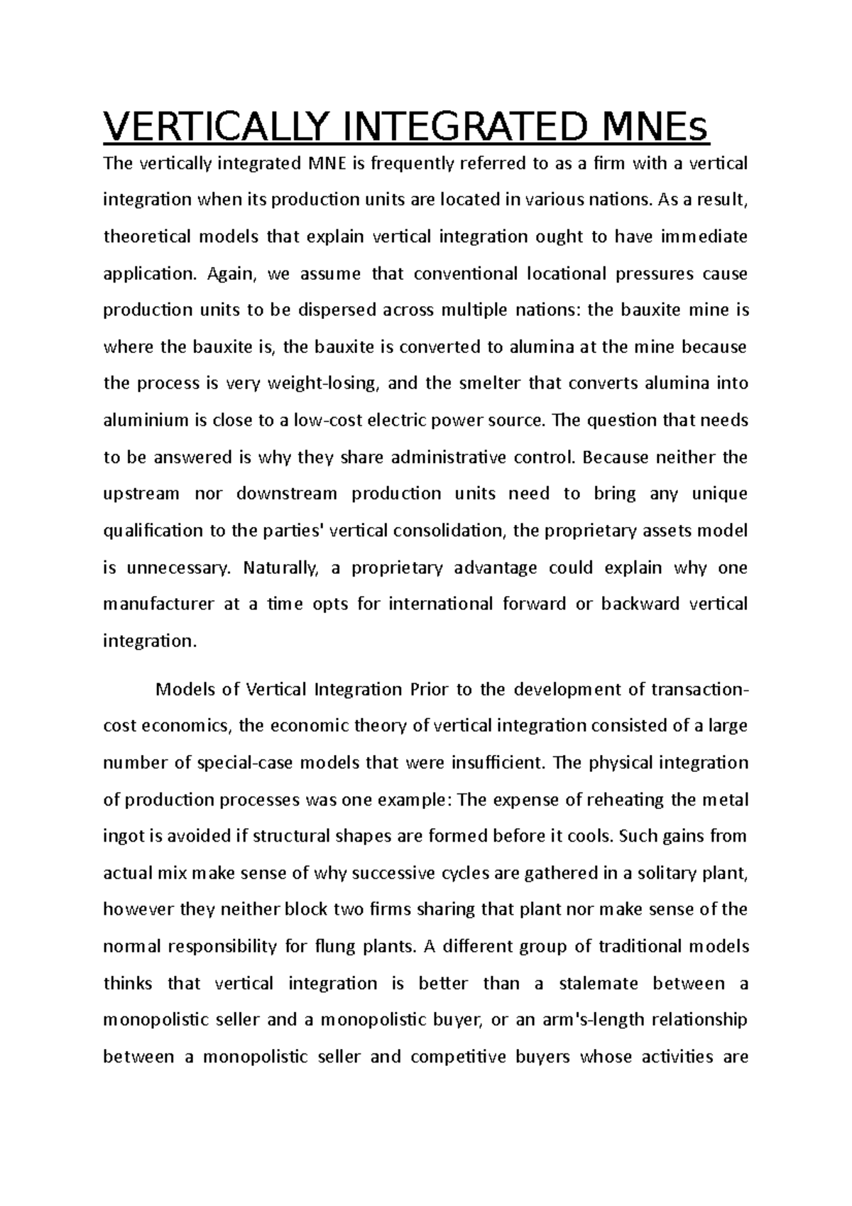 Vertically Integrated MNEs - As a result, theoretical models that ...