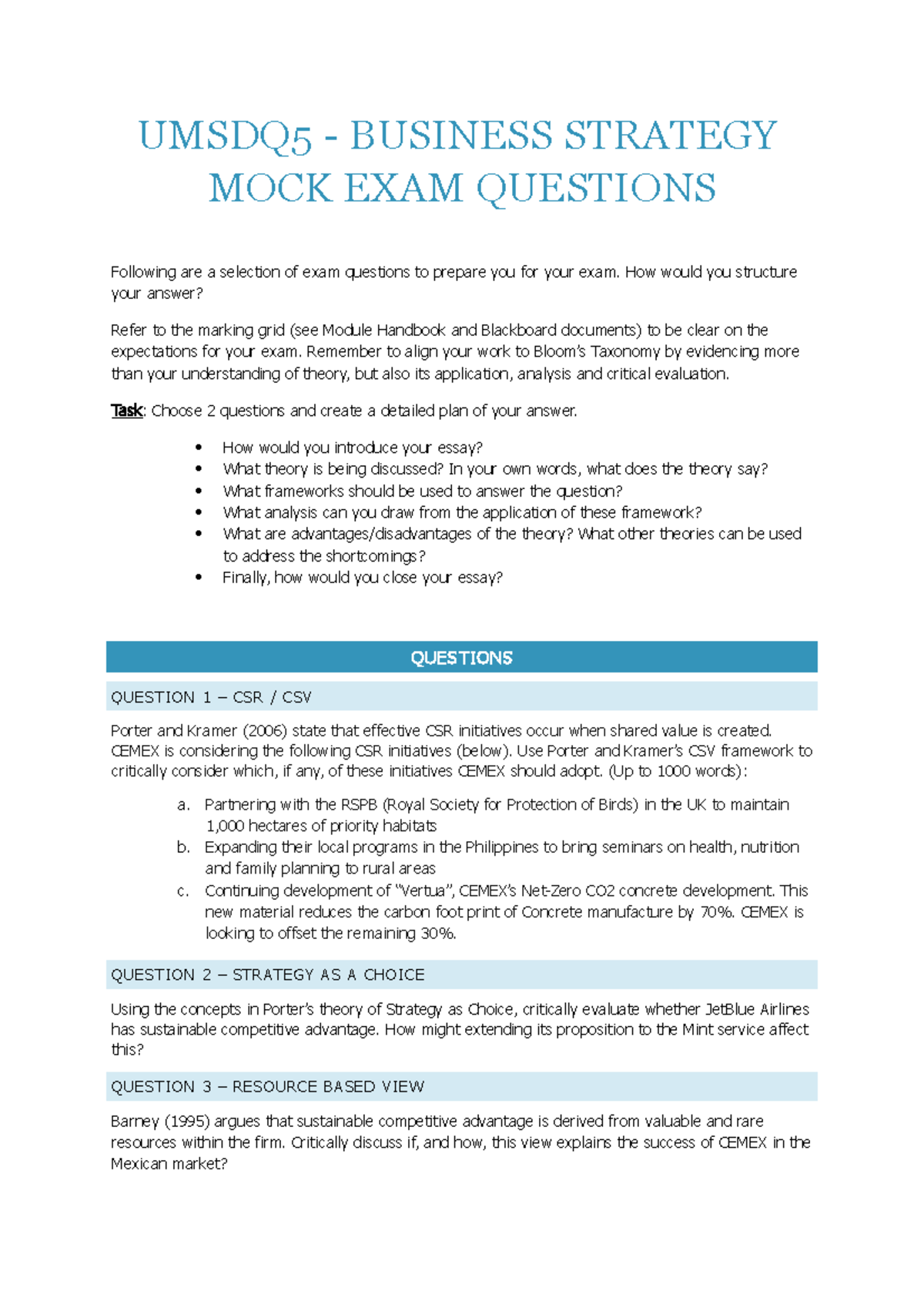 Mock exam questions 2022-23 - UMSDQ5 - BUSINESS STRATEGY MOCK EXAM ...