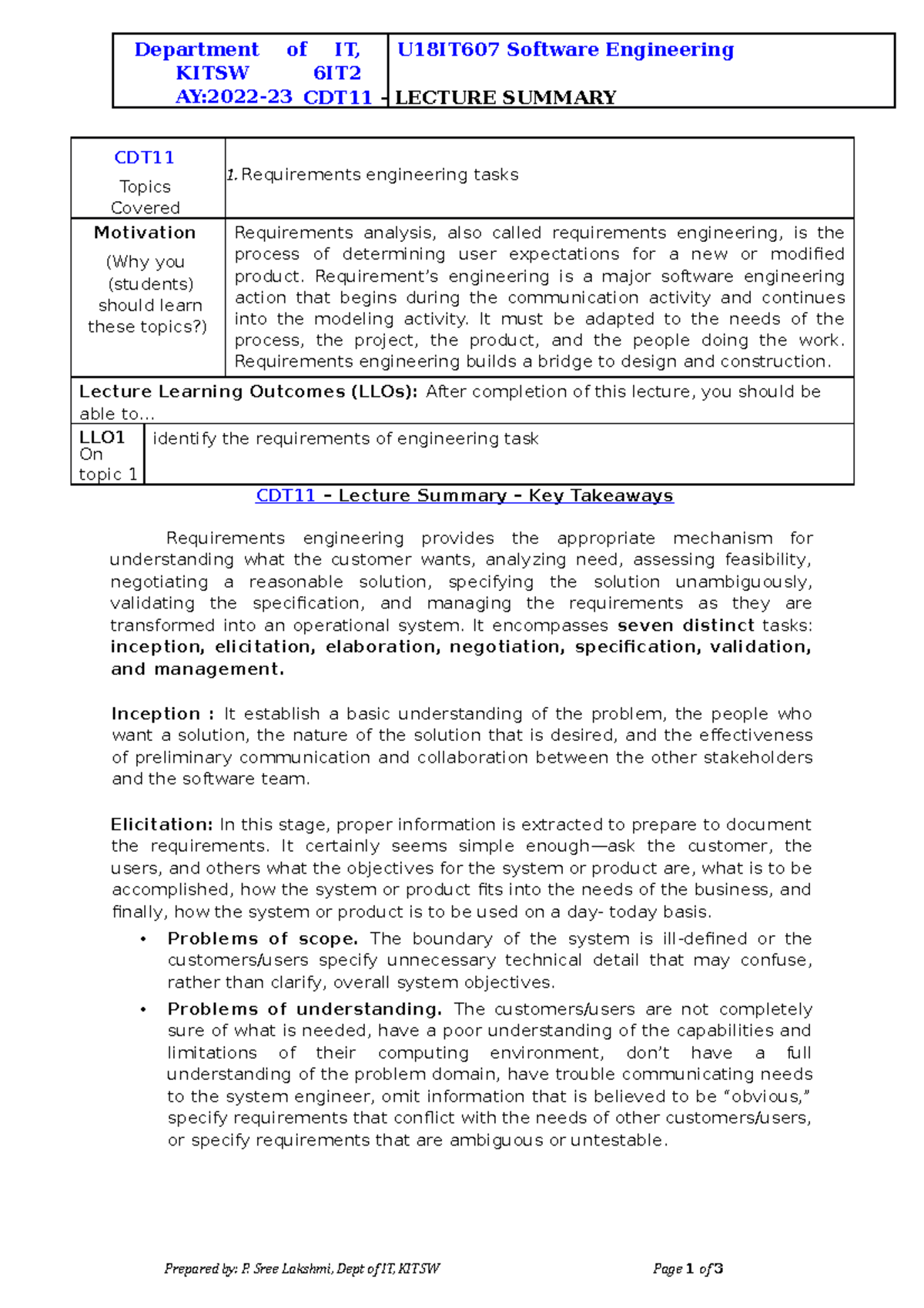 Requirements engineering tasks - CDT11 - LECTURE SUMMARY CDT Topics Covered Requirements ...