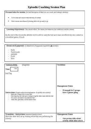 12 - Lesson plan exemplar 12 - Episodic Coaching Session Plan Personal ...