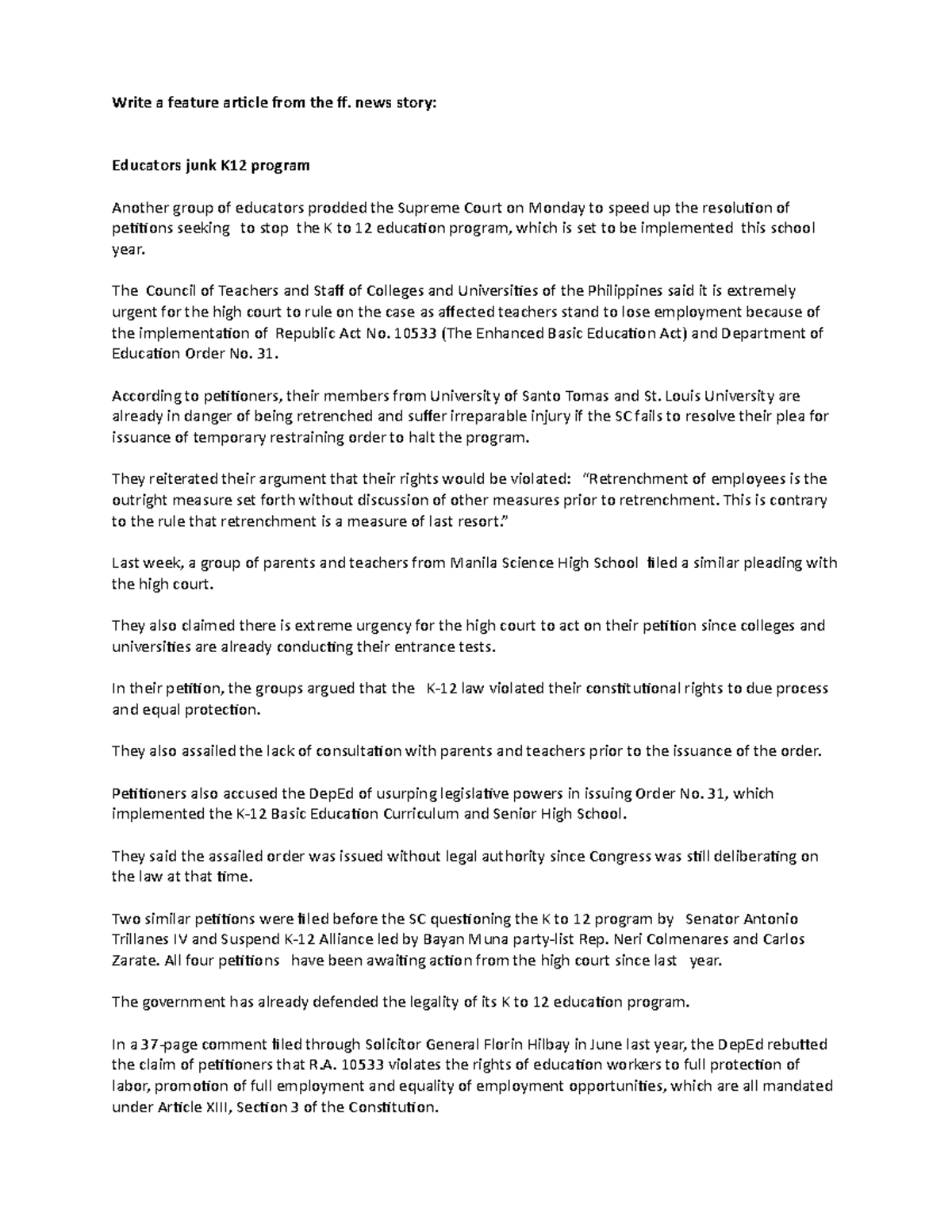 For devcomm writer - feture - Write a feature article from the ff. news ...