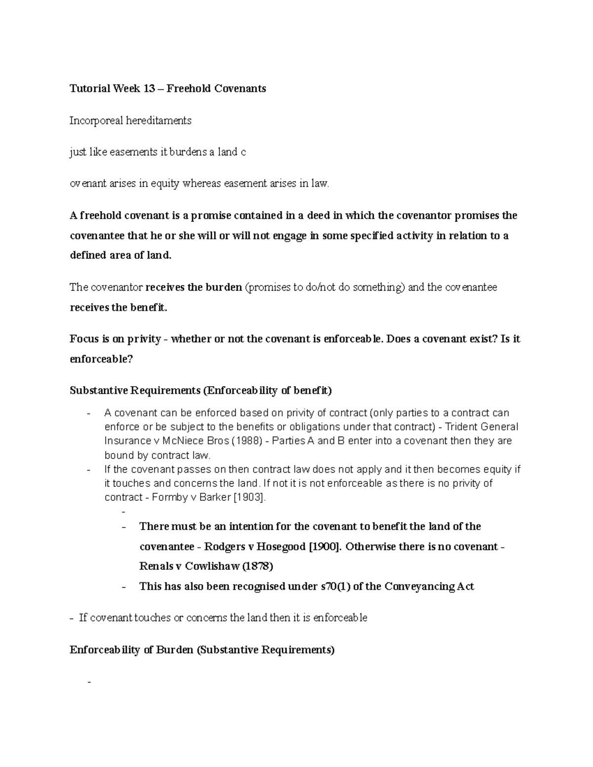 Property Week 13 - Tutorial Week 13 – Freehold Covenants Incorporeal hereditaments just like ...