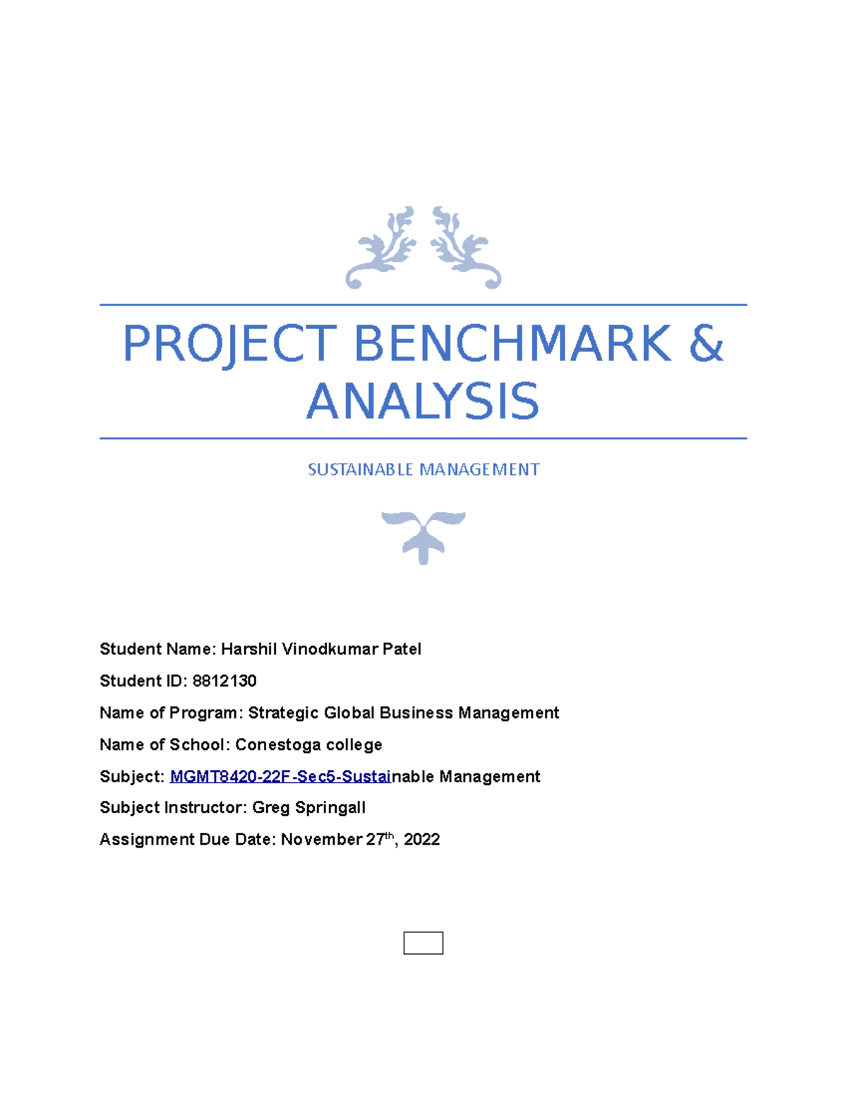 Benchmark and Analysis harshil - PROJECT BENCHMARK & ANALYSIS SUSTAINABLE MANAGEMENT Student ...
