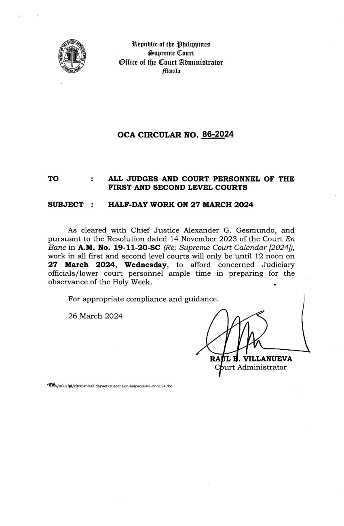 OCA-Circular-No 86-2024 - l.epublic of tbe flbilippine% ~upreme QCourt ...