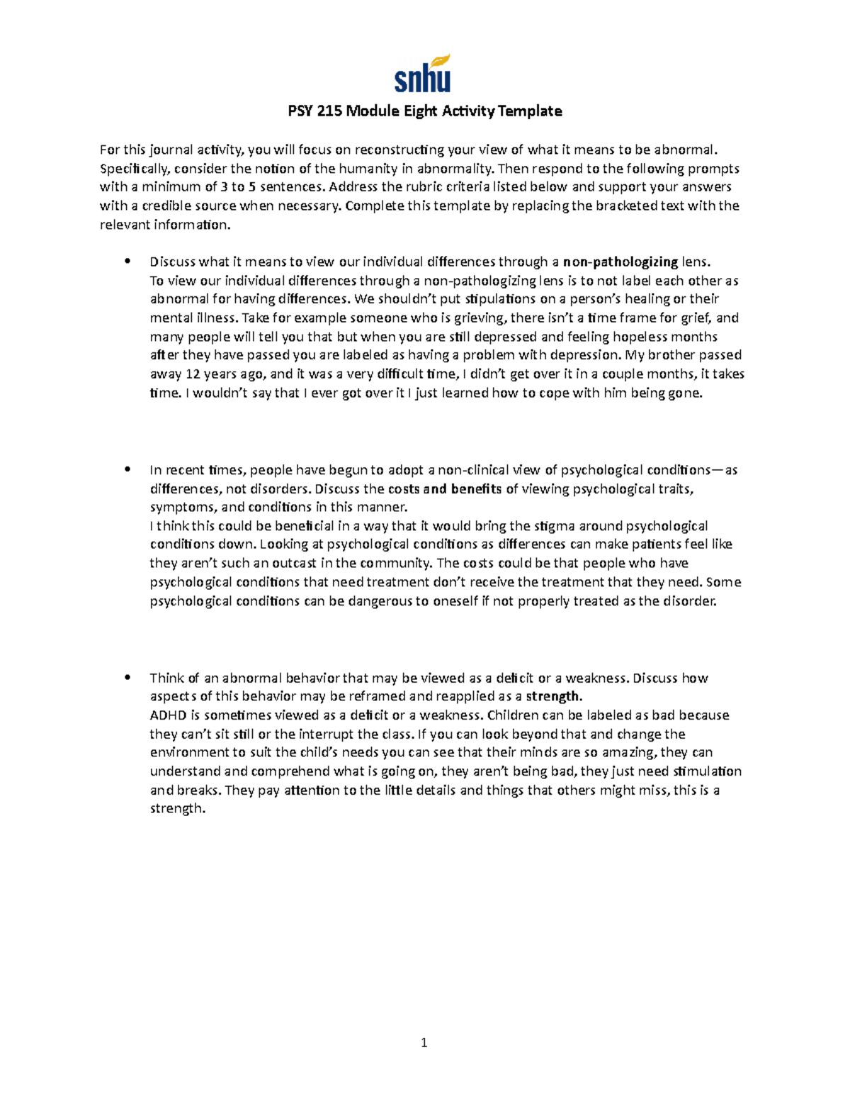 PSY 215 Module Eight Journal Activity - PSY 215 Module Eight Activity ...