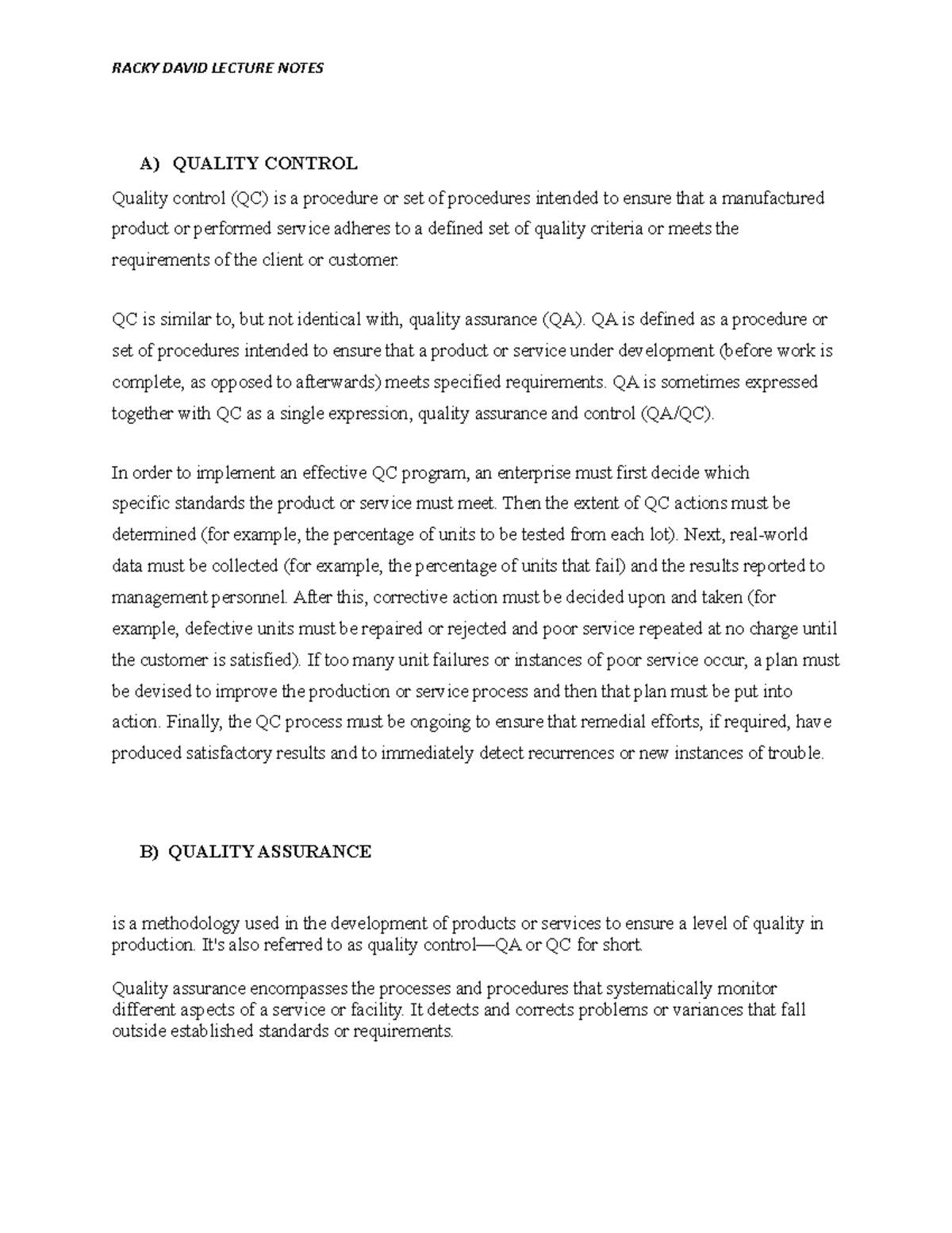 Quality concepts - A) QUALITY CONTROL Quality control (QC) is a ...