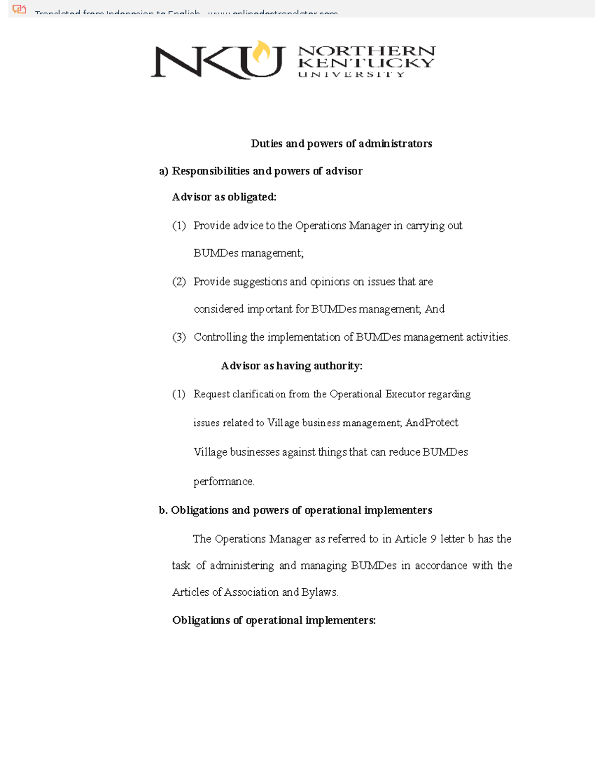 Learning about economics - Duties and powers of administrators a) Responsibilities and powers of ...