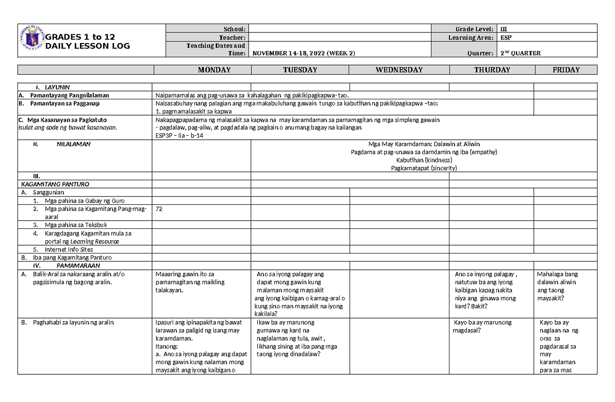 DLL ESP 3 Q2 W2 - DLL - GRADES 1 to 12 DAILY LESSON LOG School: Grade Level: III Teacher ...