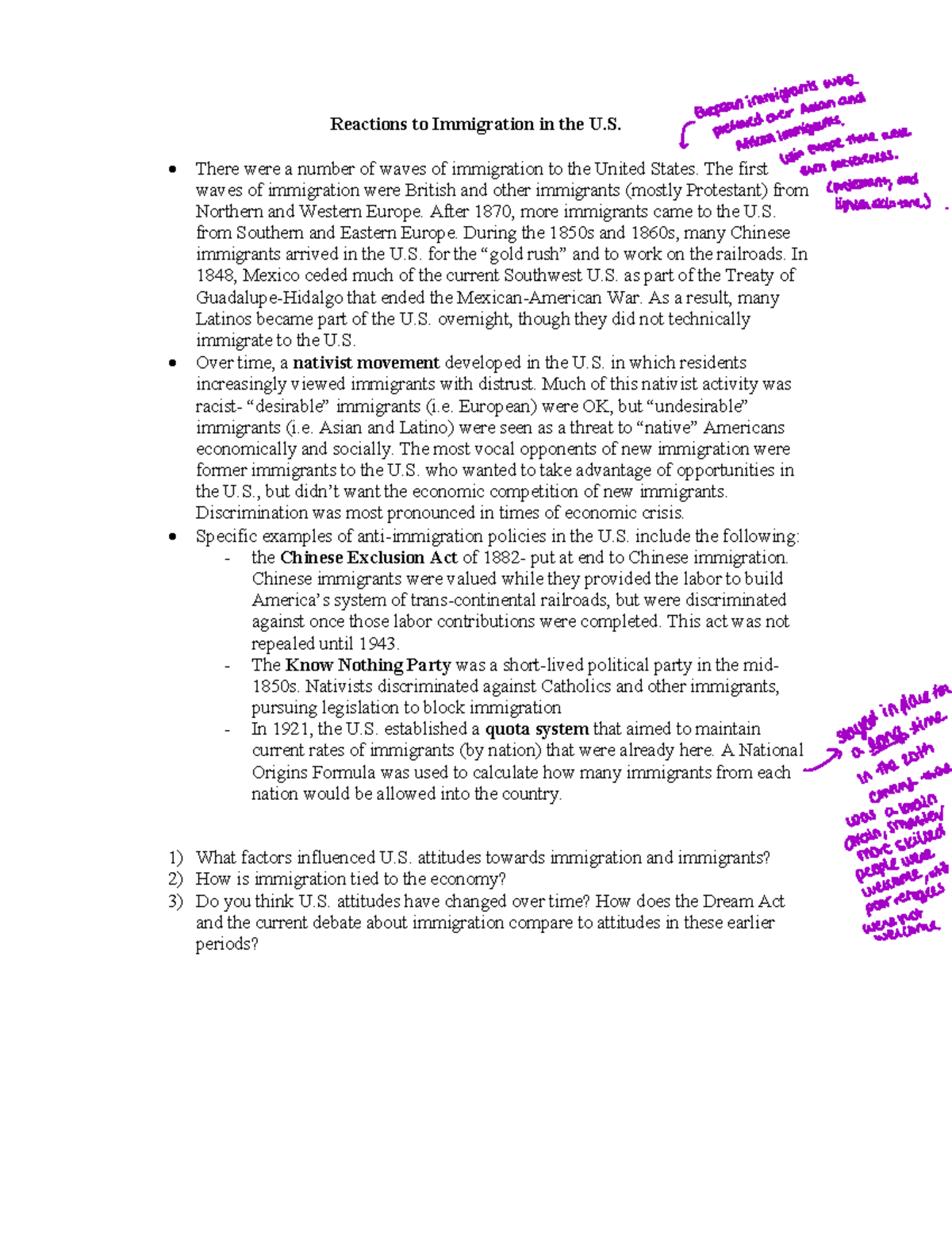 AP Reactions to Immigration in the US - There were a number of waves of ...