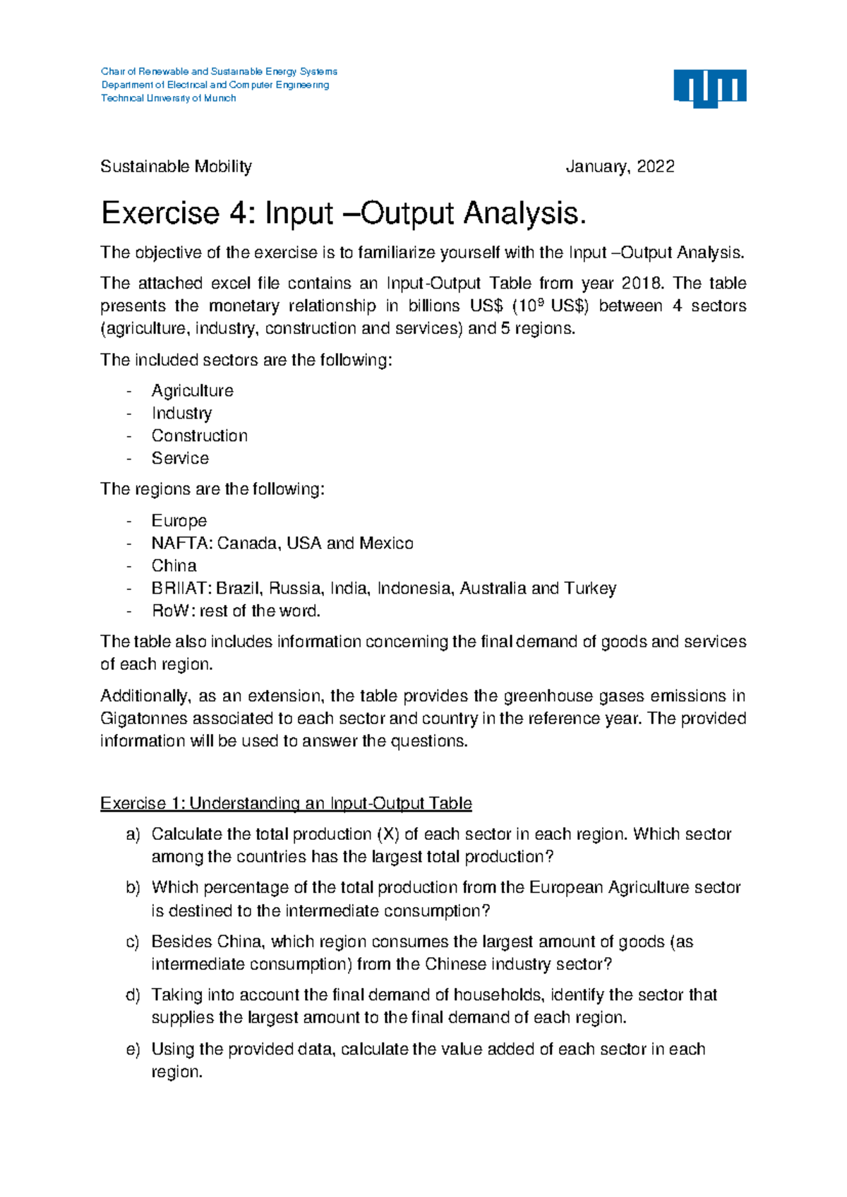 Exercise 4 Input-Output Analysis - Chair of Renewable and Sustainable ...
