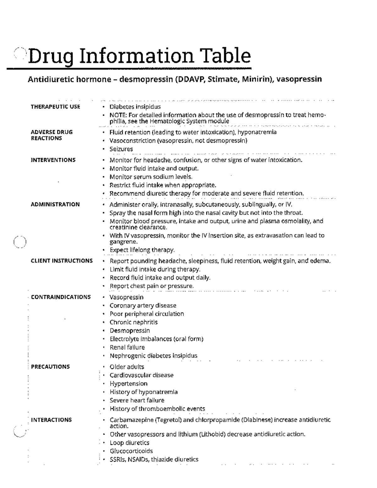 F&E Drug Sheets - n/a - Drug Information Table Antidiuretic hormone ...