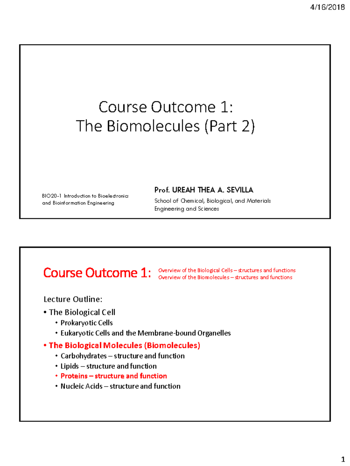Bio Engineering Lecture Notes Course Outcome 1 The Biomolecules Part 2 Prof Ureah Thea A
