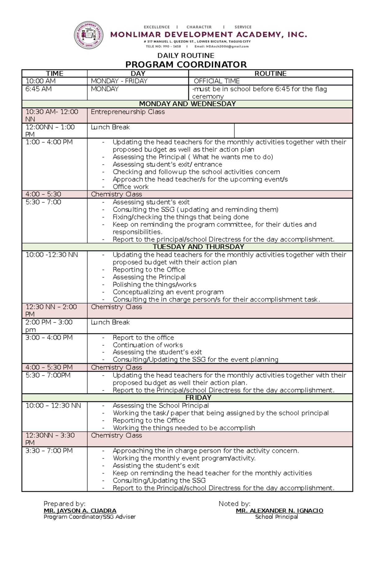 Daily Routine - events - DAILY ROUTINE PROGRAM COORDINATOR TIME DAY ...