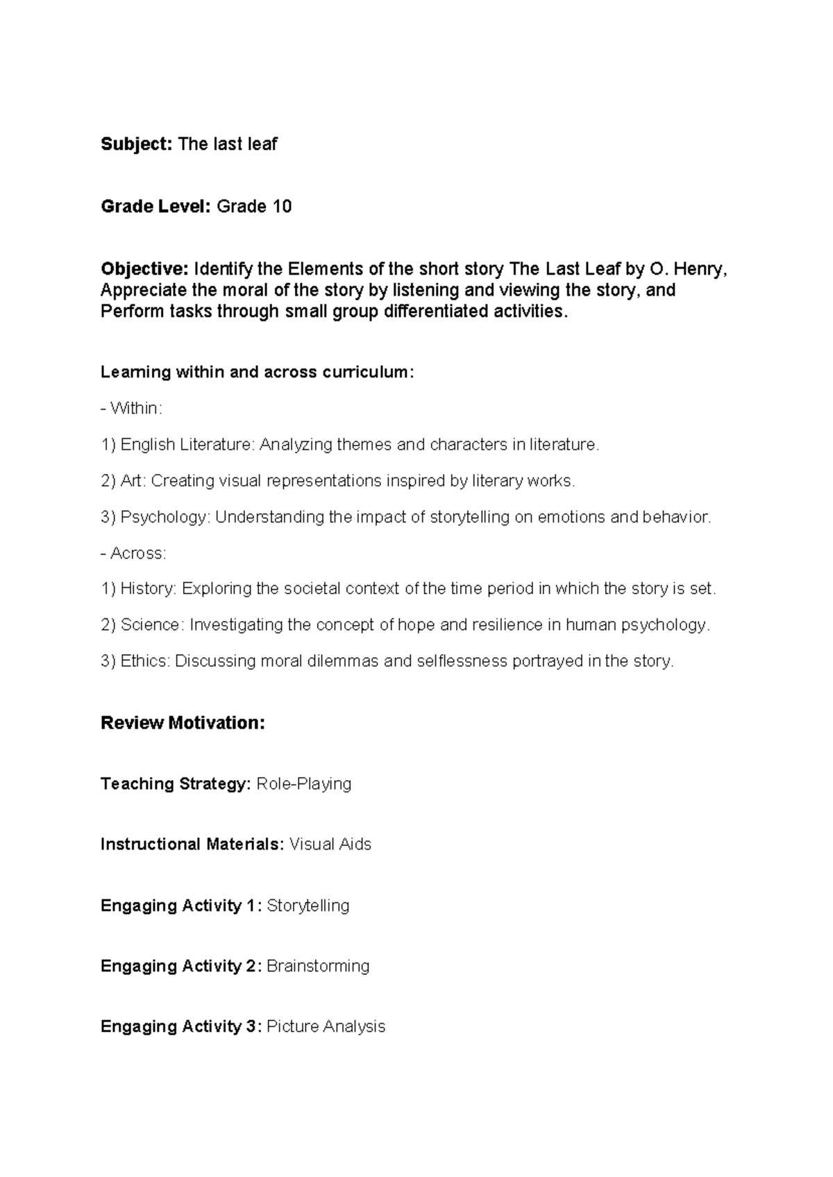 Lesson plan - Subject: The last leaf Grade Level: Grade 10 Objective ...