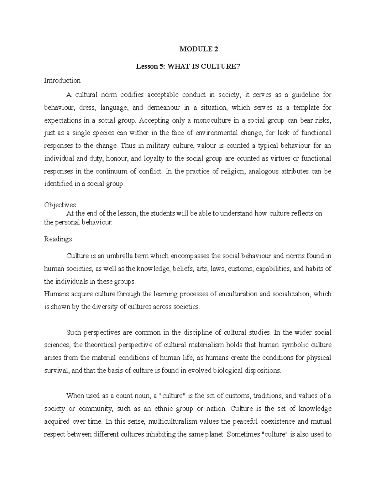 Module-2- Lesson-5 - Grade: B+ - MODULE 2 Lesson 5: WHAT IS CULTURE ...