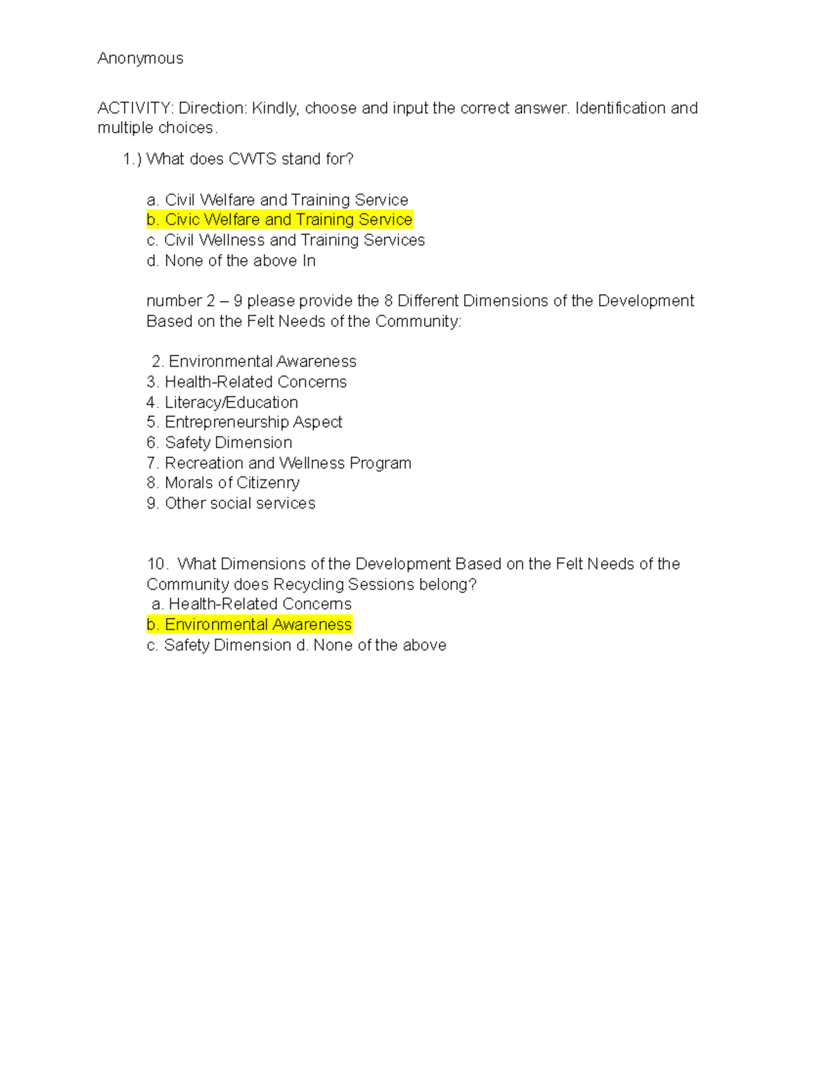 Activity 1 - Anonymous ACTIVITY: Direction: Kindly, choose and input ...