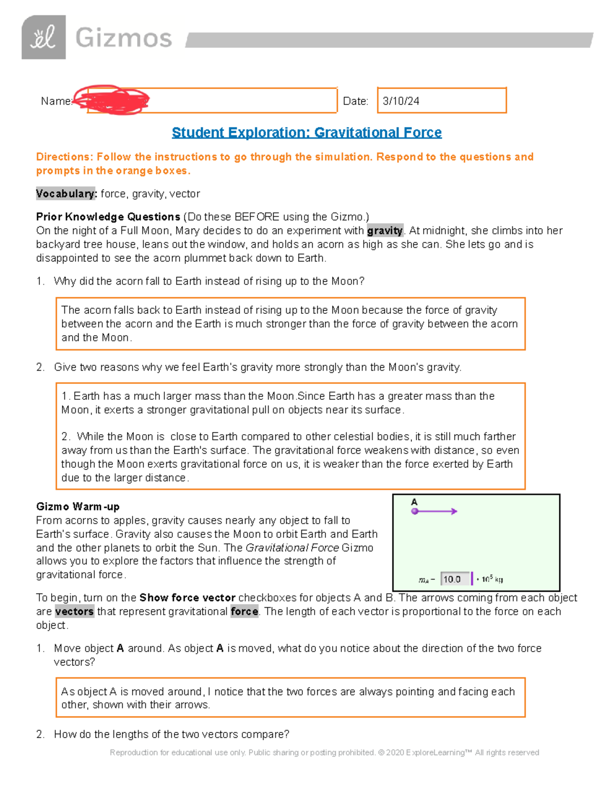 Gizmo Gravitaional Force - Name: Kayla Jung Date: 3/10/ Student ...