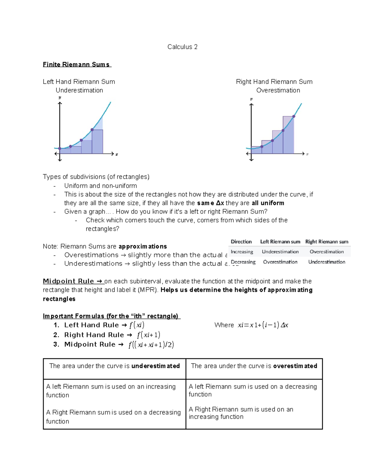 Calculus 2 final notes - Calculus 2 Finite Riemann Sums Left Hand ...