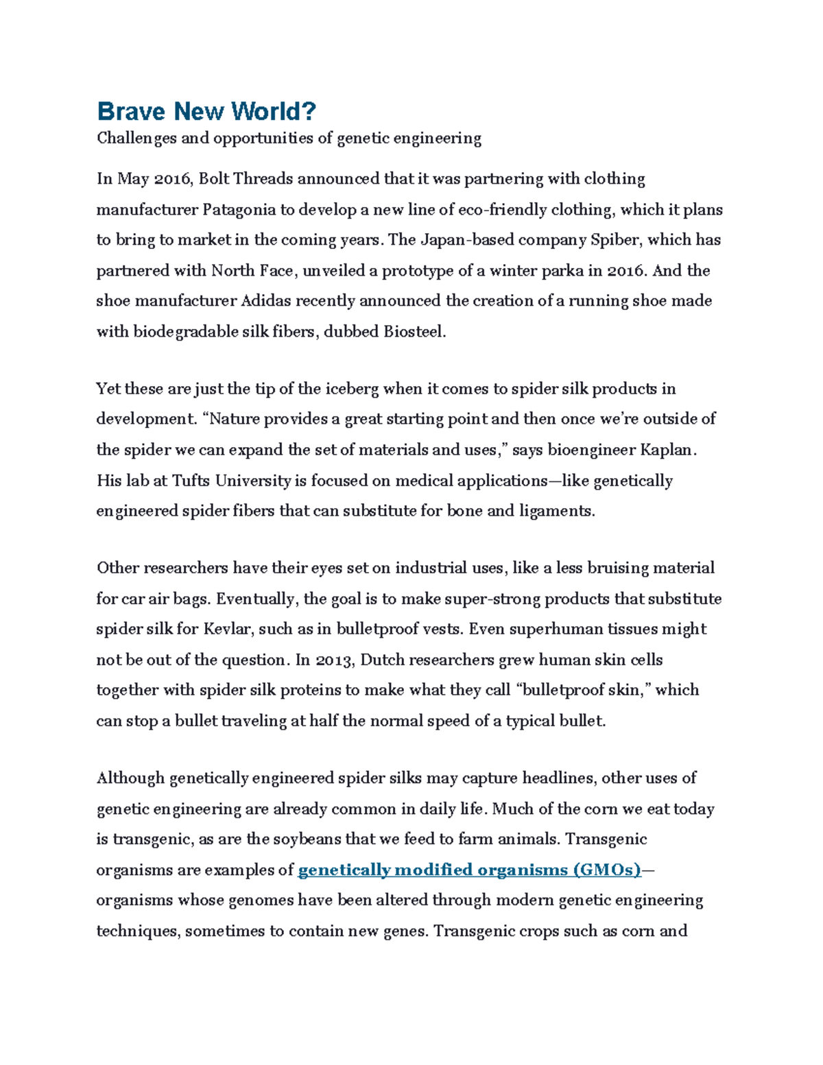 Bio ch. 8.5- Brave New World - Brave New World? Challenges and ...