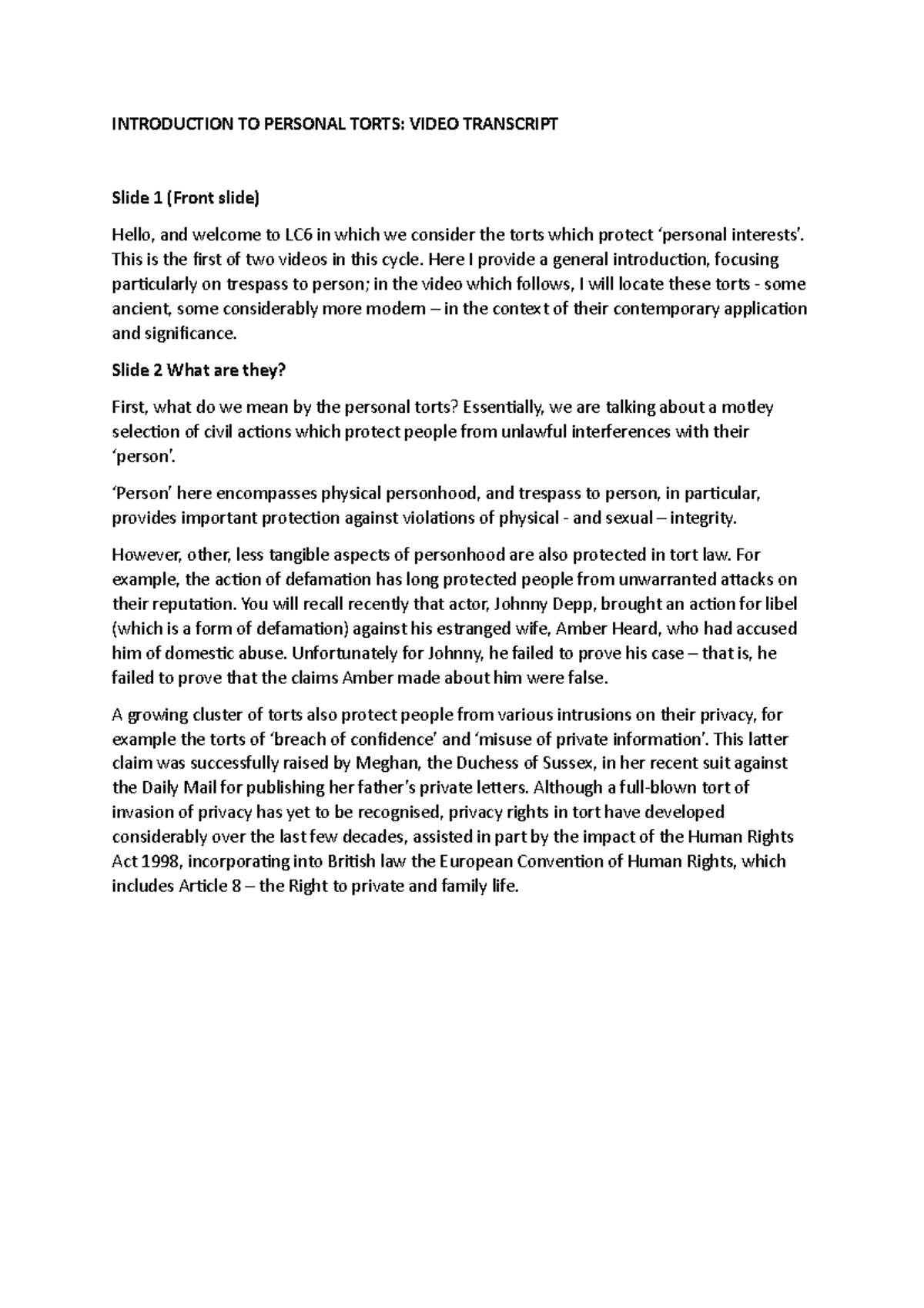 Introduction TO Personal Torts video transcript - INTRODUCTION TO ...