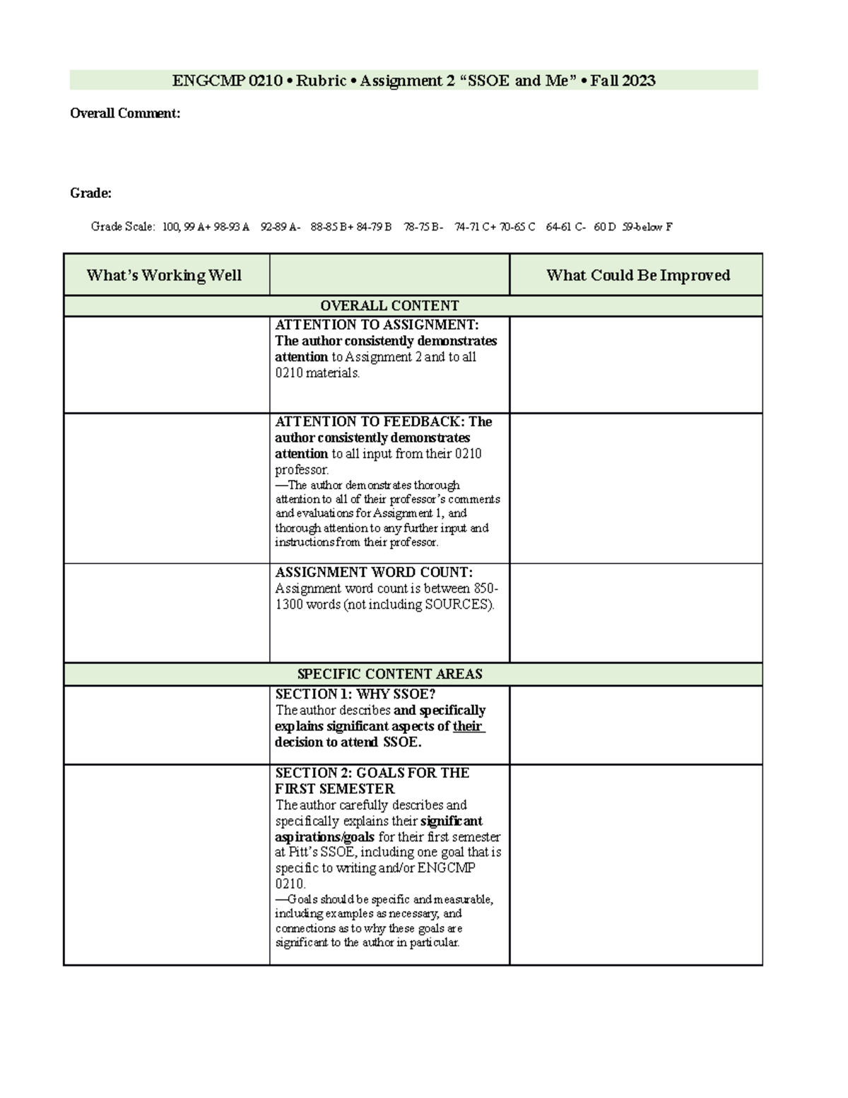 Rubric of Assignment - ENGCMP 0210 • Rubric • Assignment 2 “SSOE and Me ...