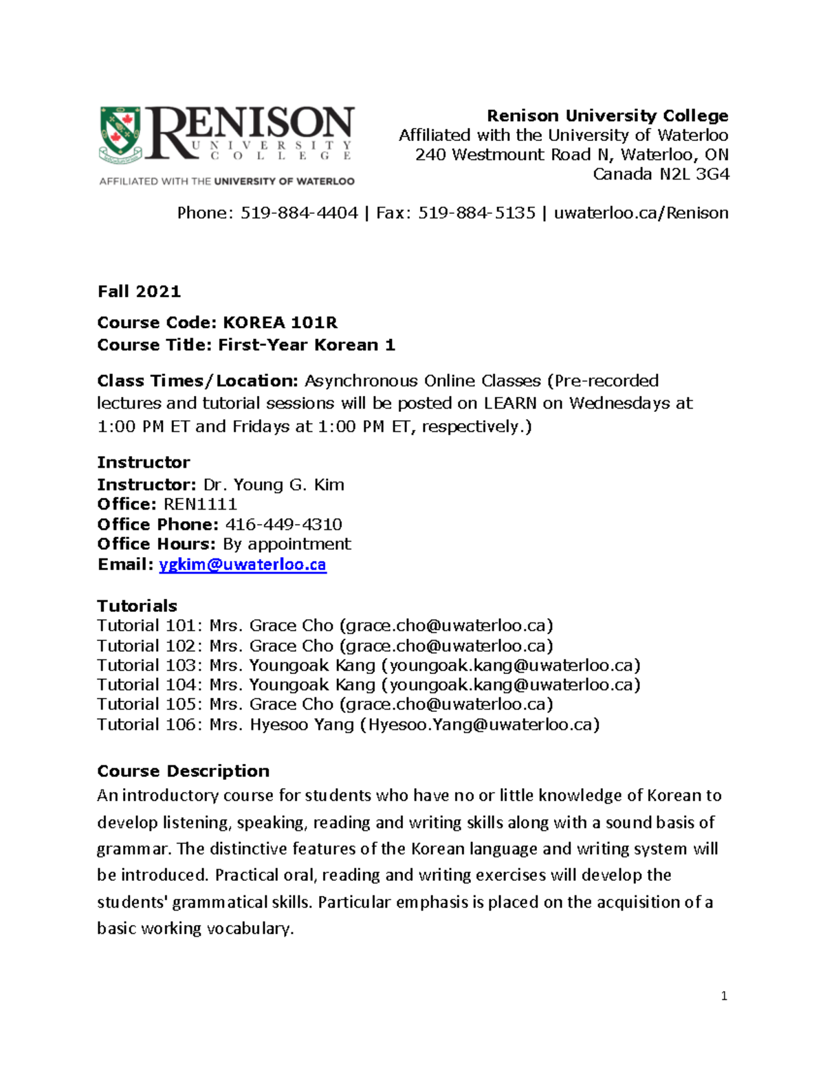 Fall 2021 Korea 101R Syllabus - Renison University College Affiliated ...