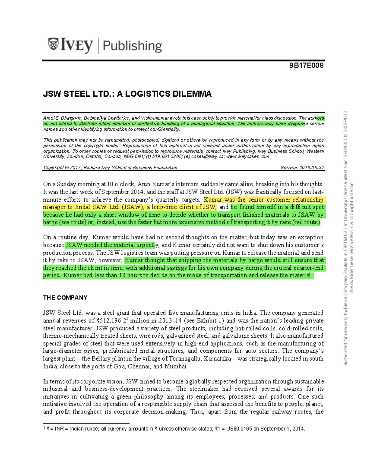 9B17E008 pcu - Assignment II - Case Study - 9B17E JSW STEEL LTD.: A ...