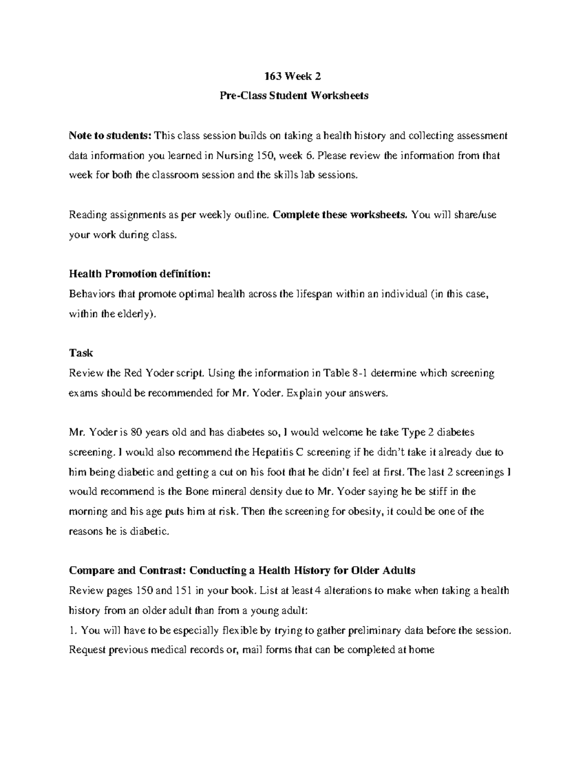 NUR 163 Week 2 Pre-Class Assignments-1 - 163 Week 2 Pre-Class Student ...