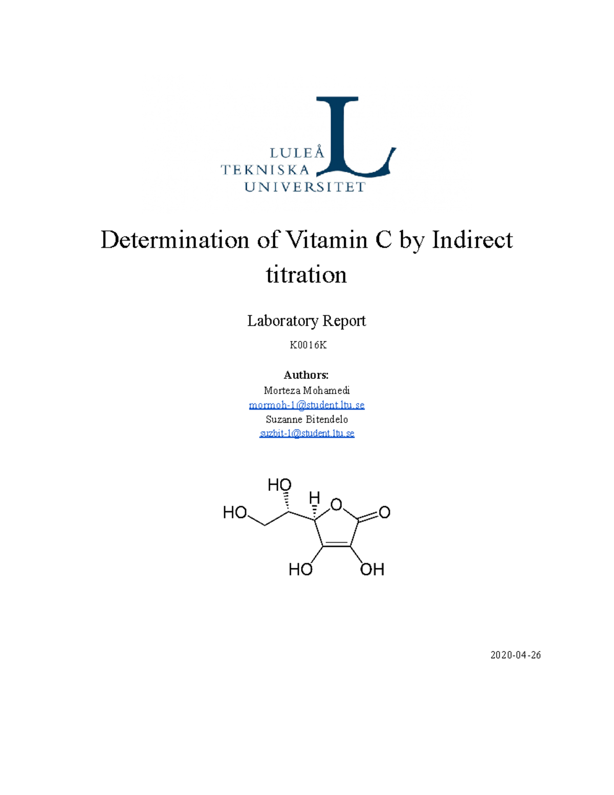 Rapportskrivning K0016K - Determination of Vitamin C by Indirect ...