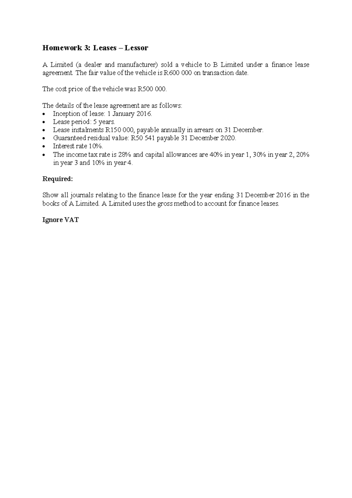 Homework 3 Leases Lessor (question) - Homework 3: Leases – Lessor A ...