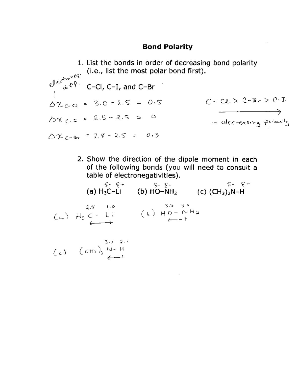 Chapter 1 in class worked examples solution - Bond Polarity 1. List the ...