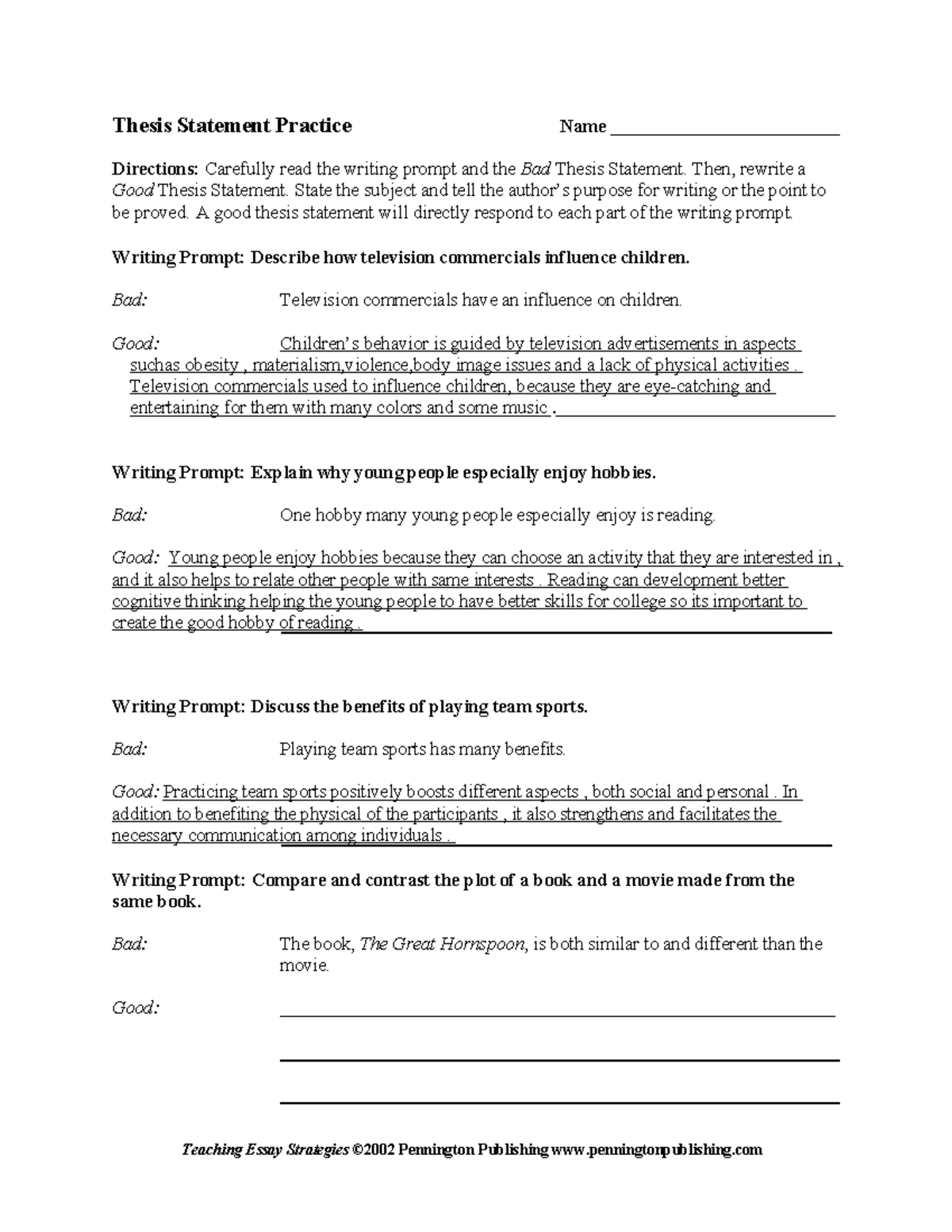 Thesis-Statement-Practice 1 MON WEEK 1 - Thesis Statement Practice Name ...