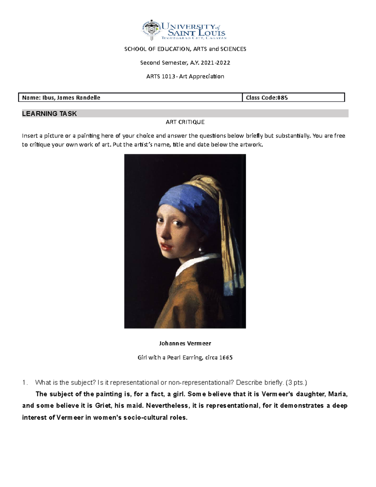 ART Critique Worksheet - SCHOOL OF EDUCATION, ARTS and SCIENCES Second ...