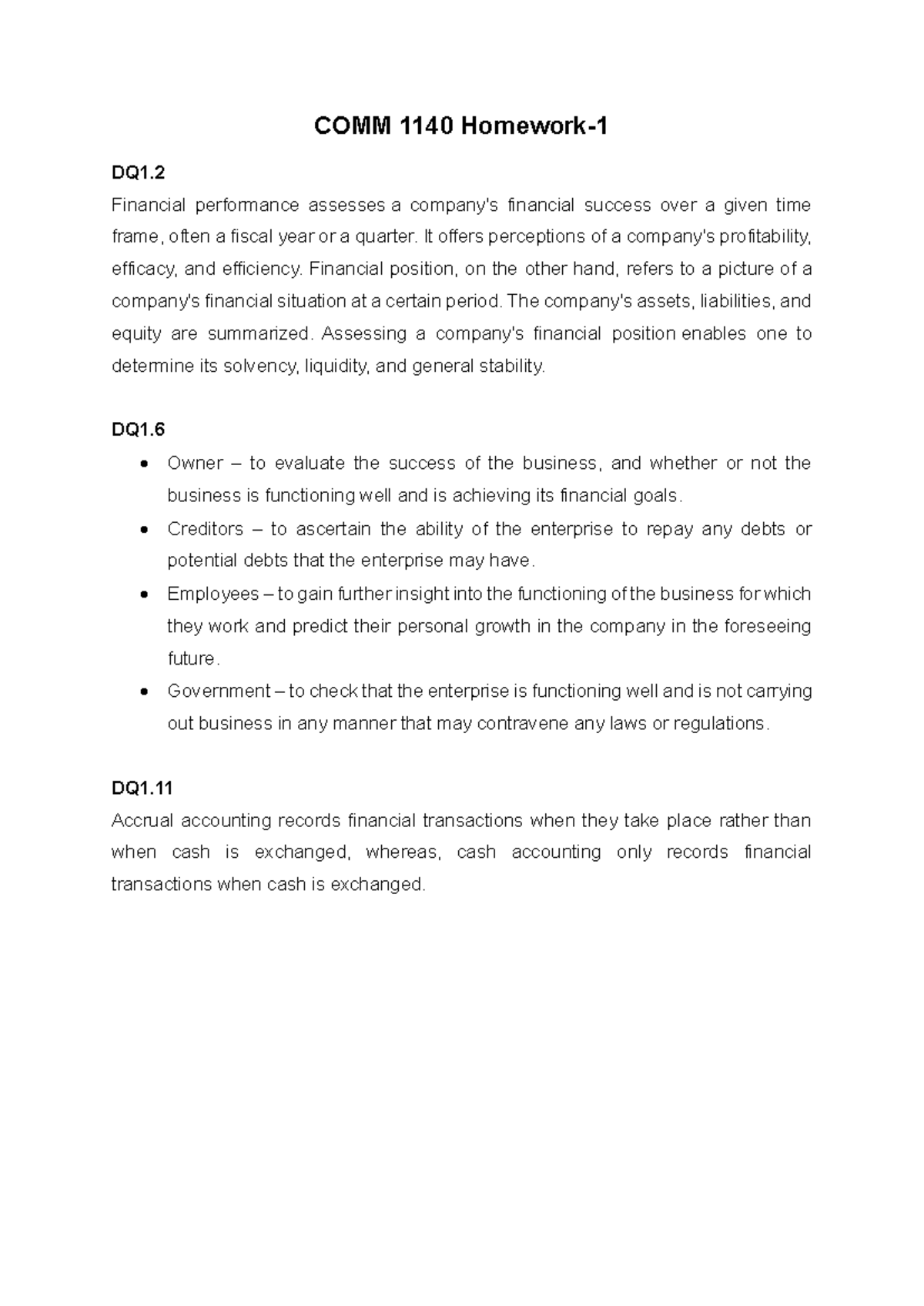 Comm1140 - Homework week 1 - accounting - COMM 1140 Homework- 1 DQ1. Financial performance ...